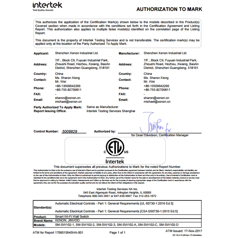 WiFi Light Switch US 1 gang-Xenon Smart Tech (Huizhou) Ltd